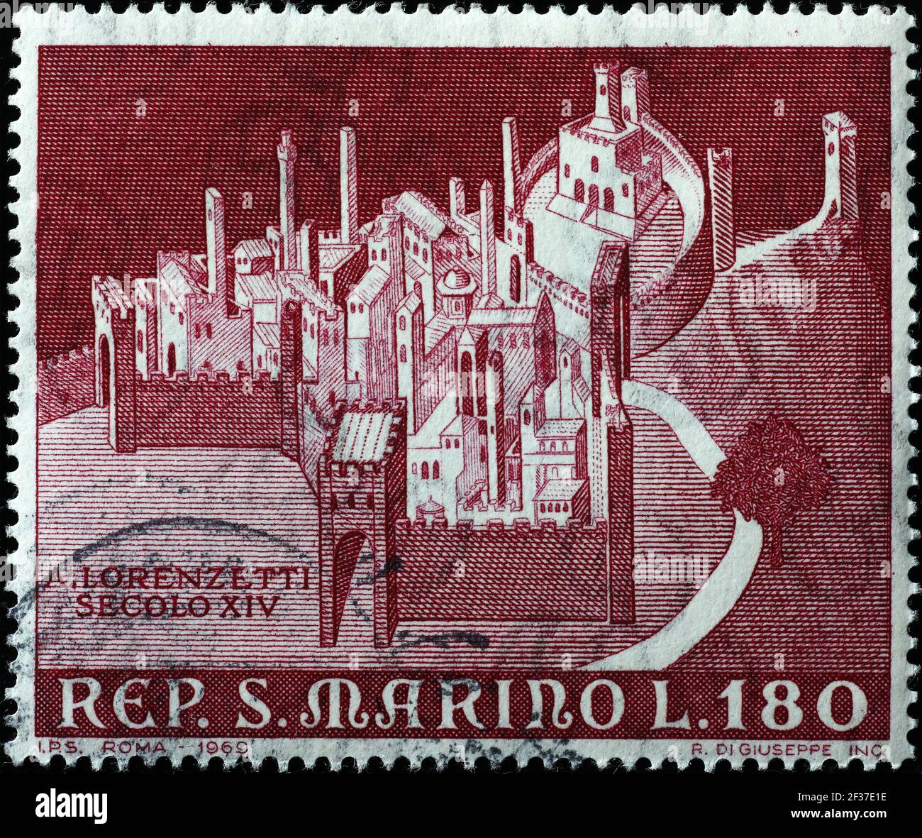 Image of tuscan medieval town on postage stamp Stock Photo - Alamy