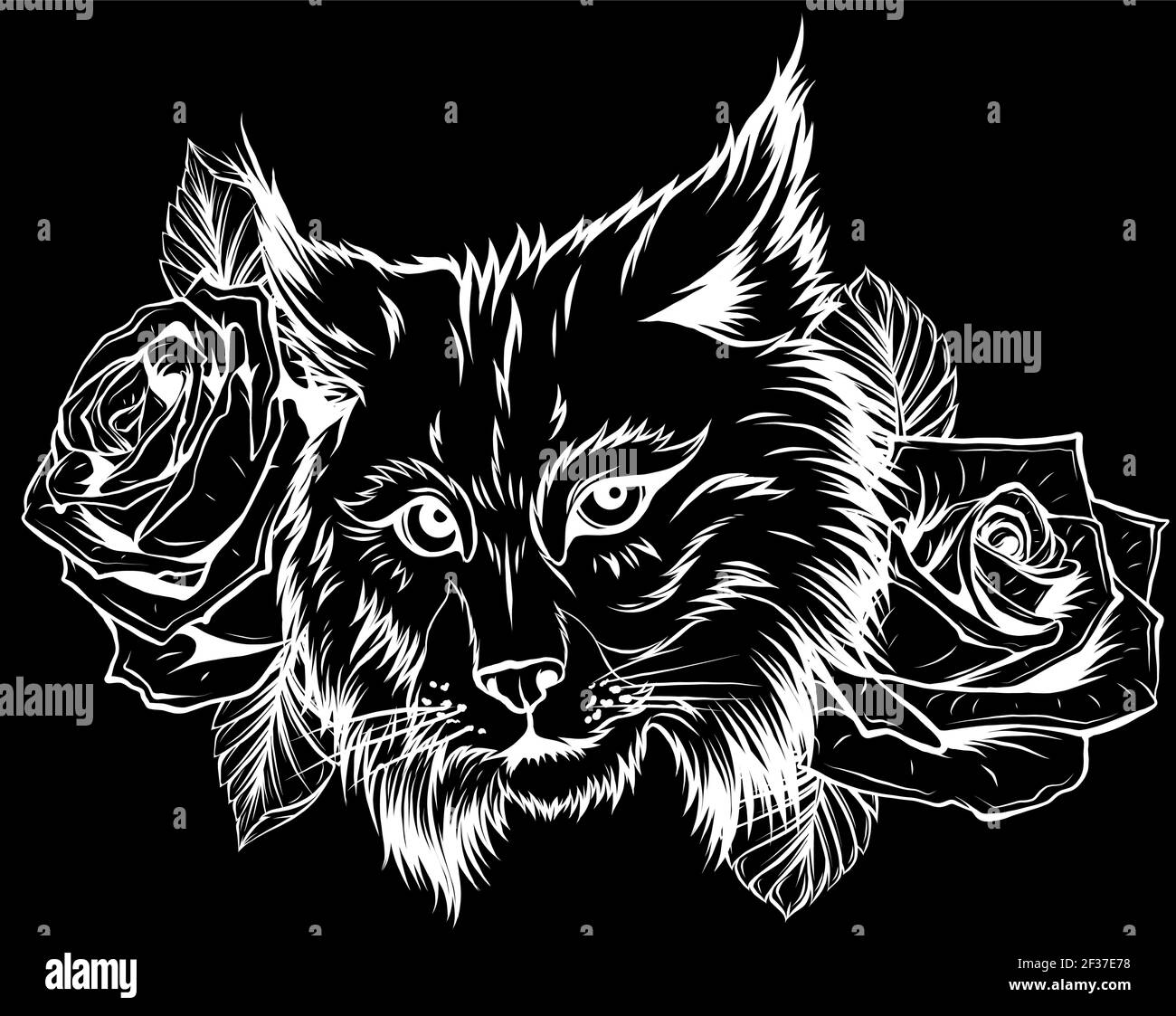 hand drawn ink doodle cat and flowers on white background Stock Vector ...