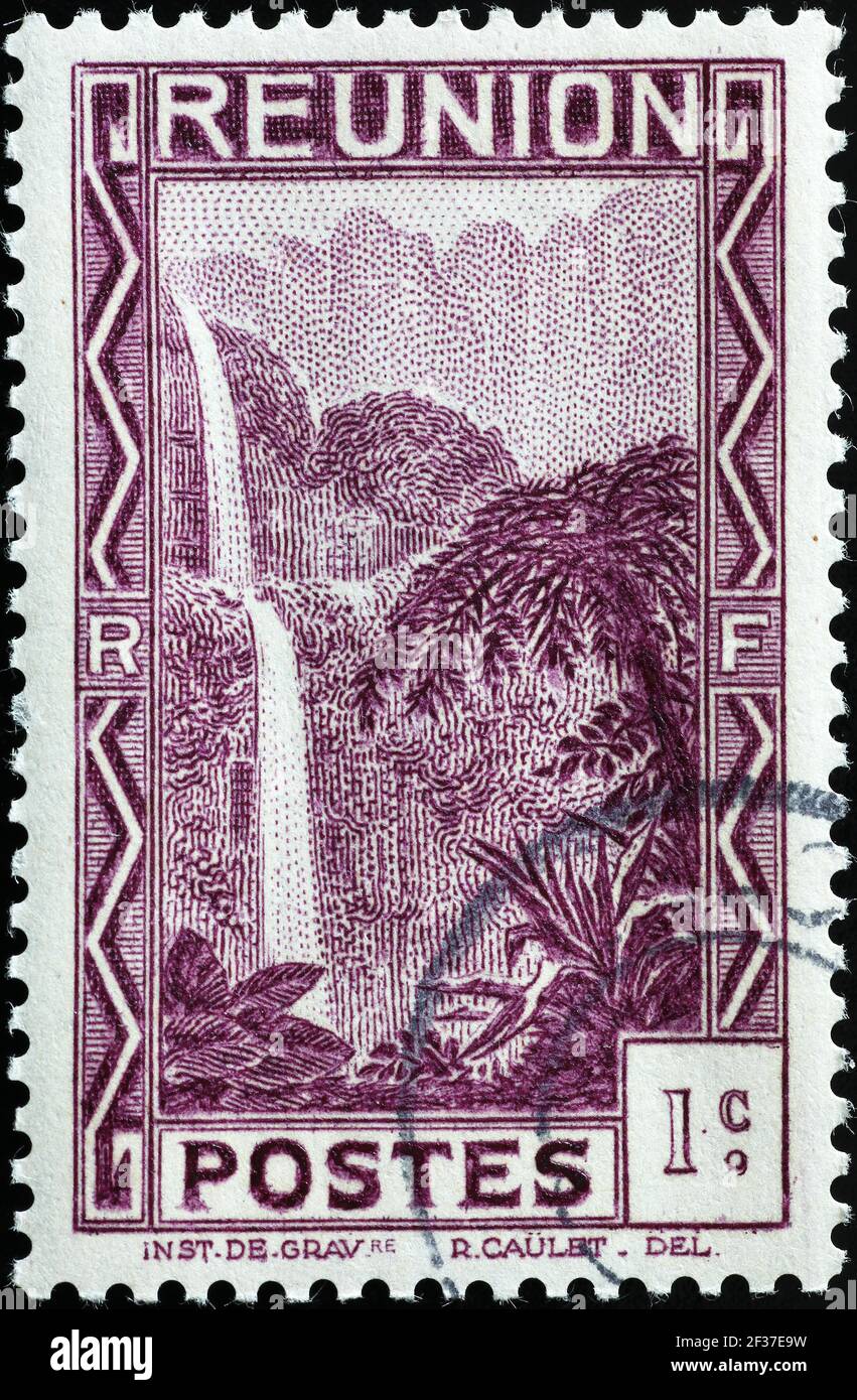 Nice waterfall on vintage stamp from Reunion Stock Photo - Alamy