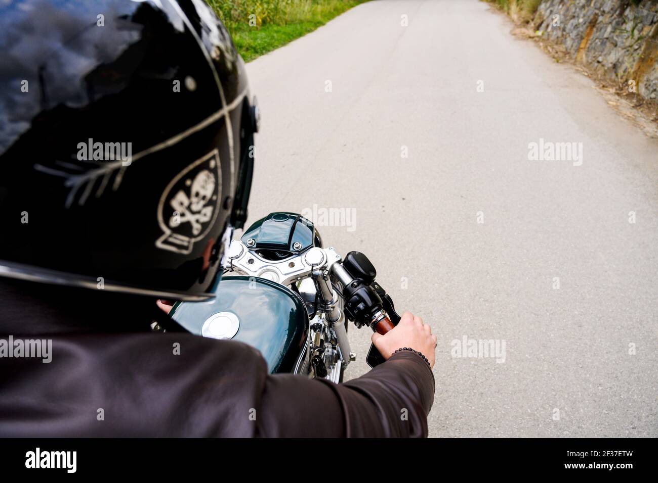 Point of view of motorcycle driver riding on country side road Stock ...