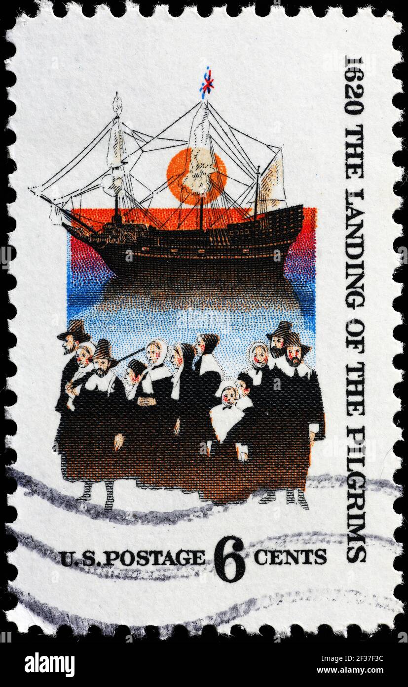 The landing of the pilgrims on american postage stamp Stock Photo - Alamy