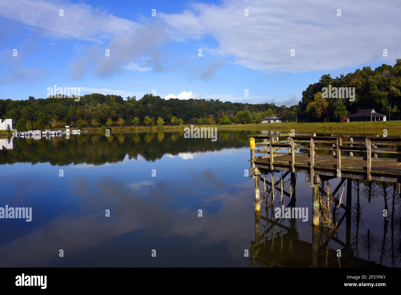 Cedar trees are tied to wooden dock in Warriors Path State Park. They ...