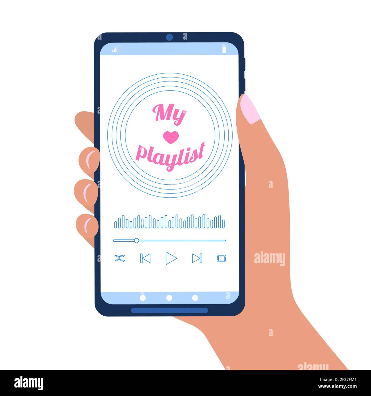 Hand holding smartphone with music player interface, vinyl plate image ...