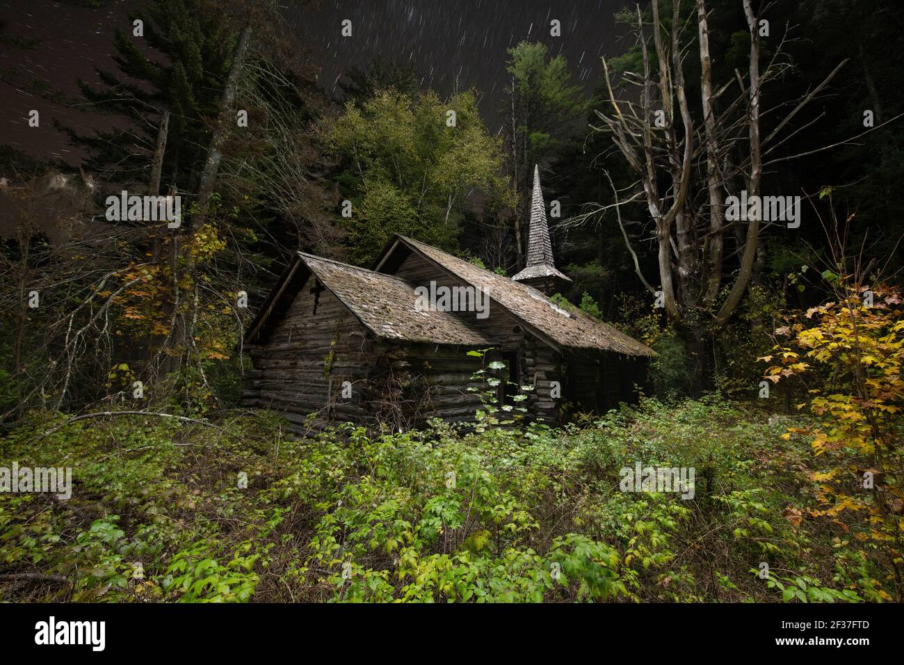 Spooky Abandoned Church in Foggy Night Scene Stock Photo - Alamy