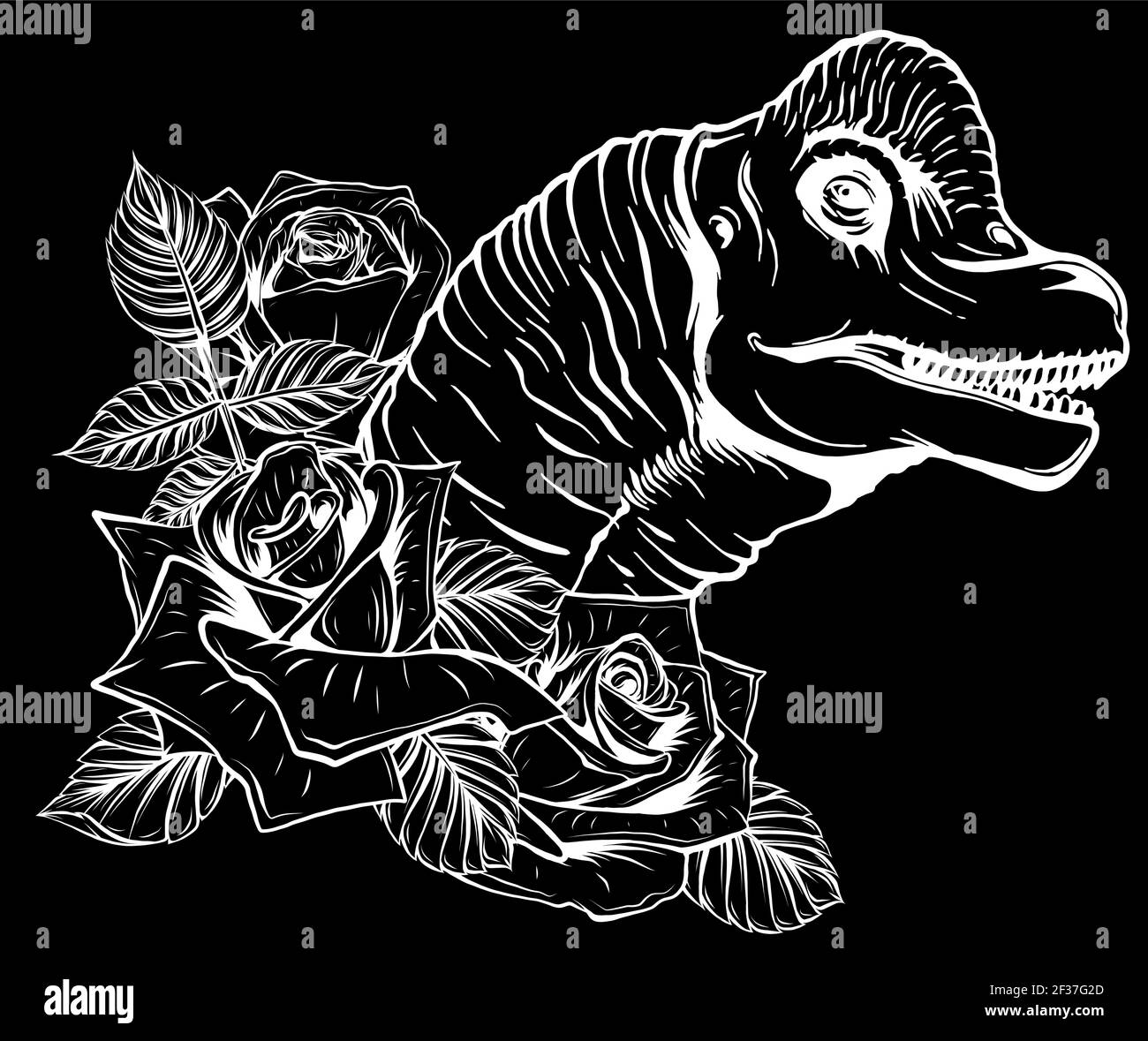 dinosaur and roses silhouette in black background. vector design ...