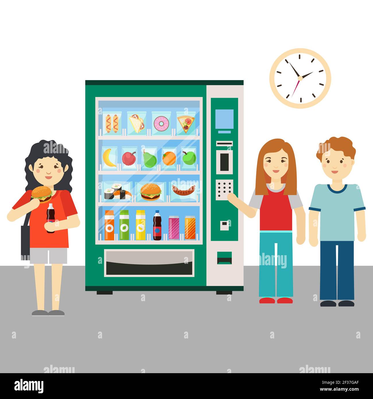 People and vending machine or snack dispenser vector illustration. Merchandise in vending ...