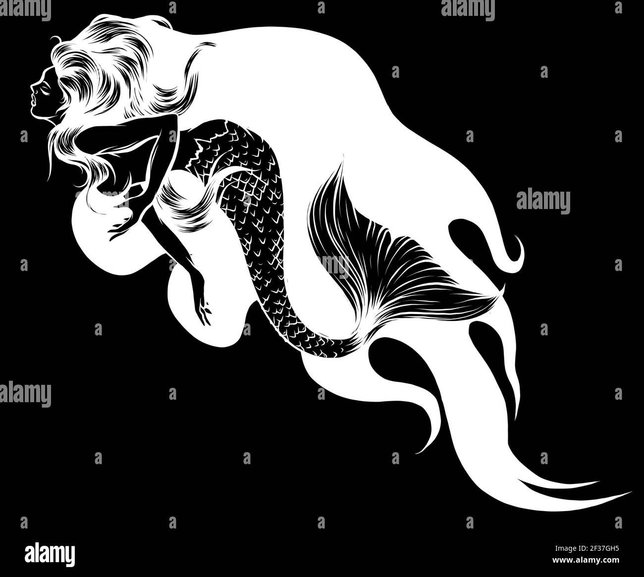 Cute cartoon mermaids. Siren. Sea silhouette in black background ...