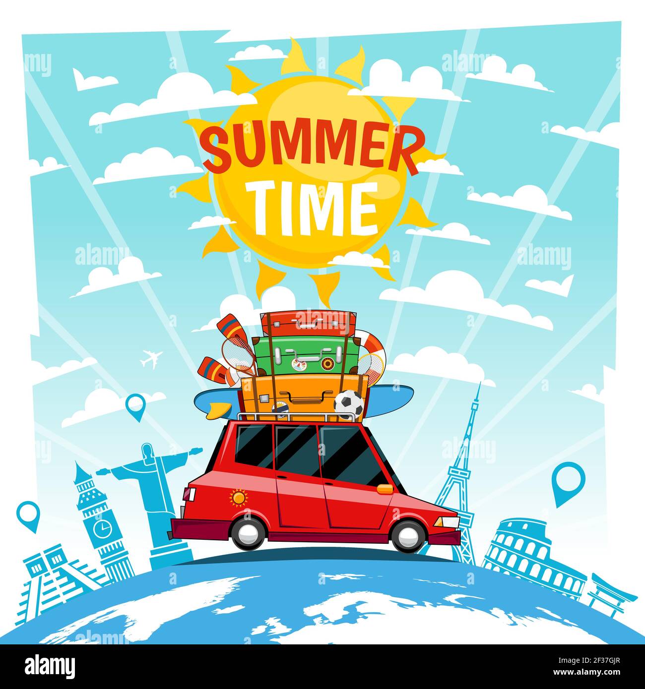 Summer car vacation poster. Vehicle on road, family travel vector ...