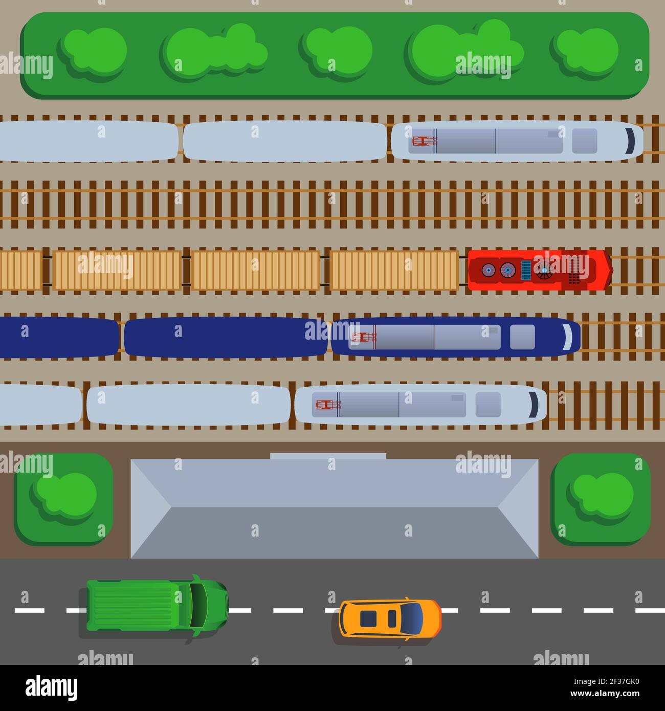 Railroad top view with trains and rails, platform and depot vector illustration. Transport ...