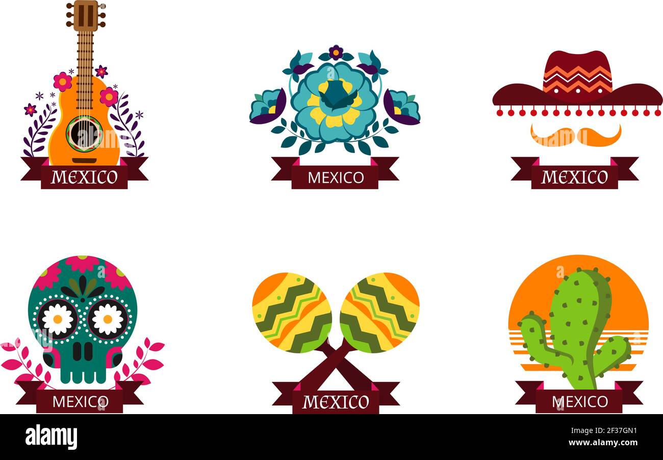 Mexico logo set. Mexican emblems or sticker vector illustration. Flower ...
