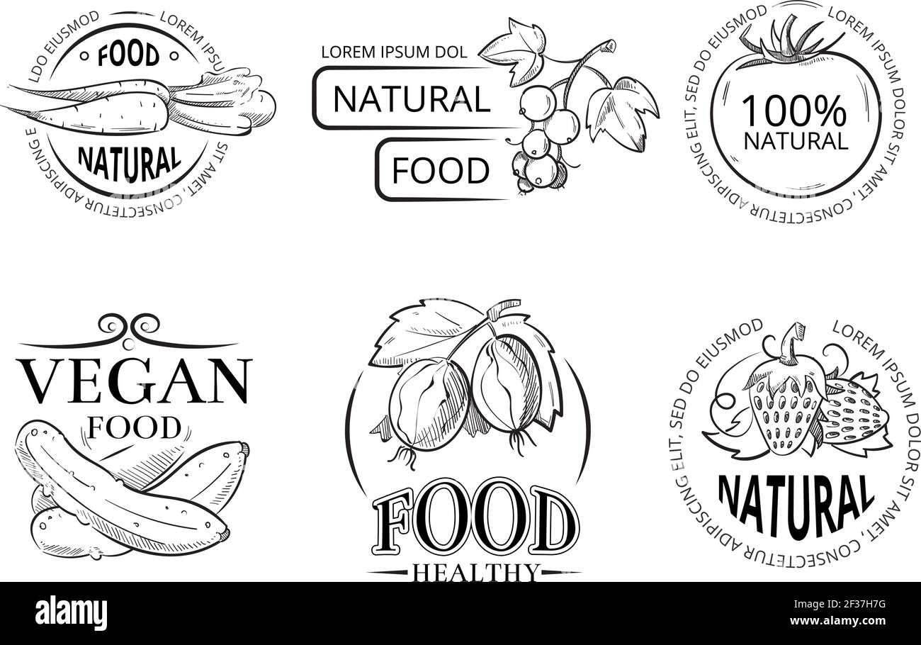 Veggie hand drawing labels and emblems with doodle vegan meal ...