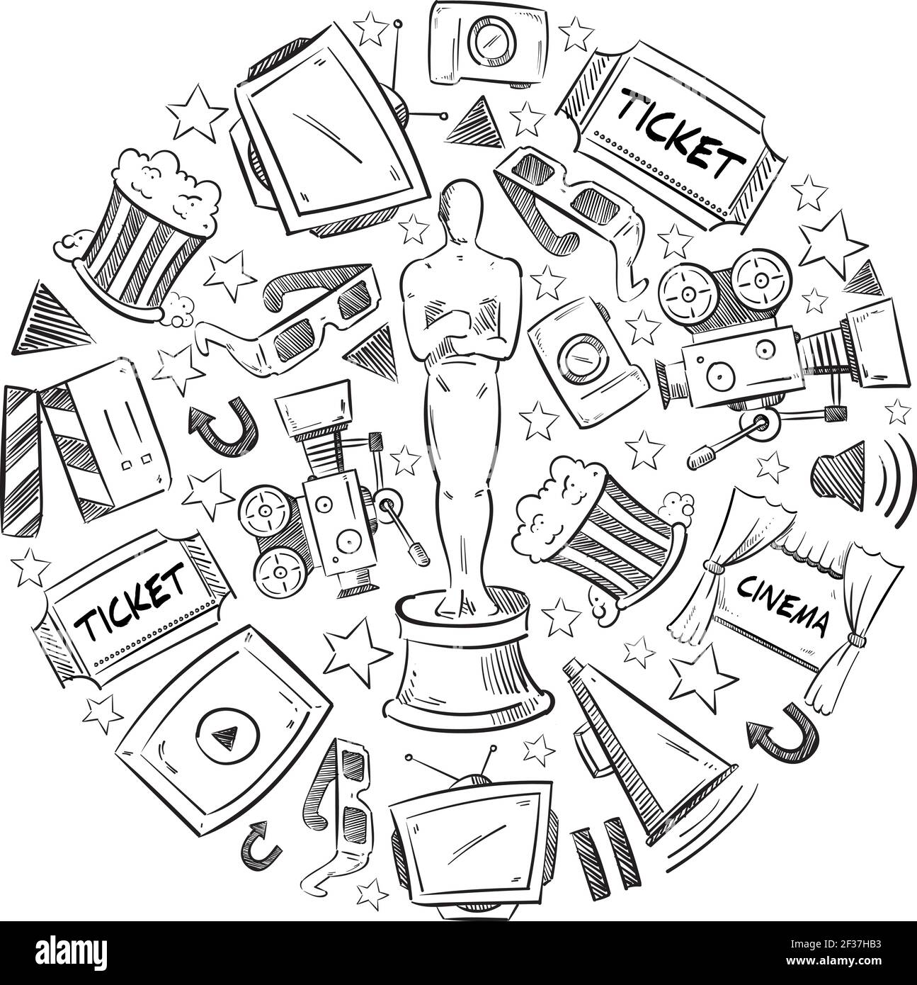 Cinema movie time hand drawn vector banner. Round form badge with ...