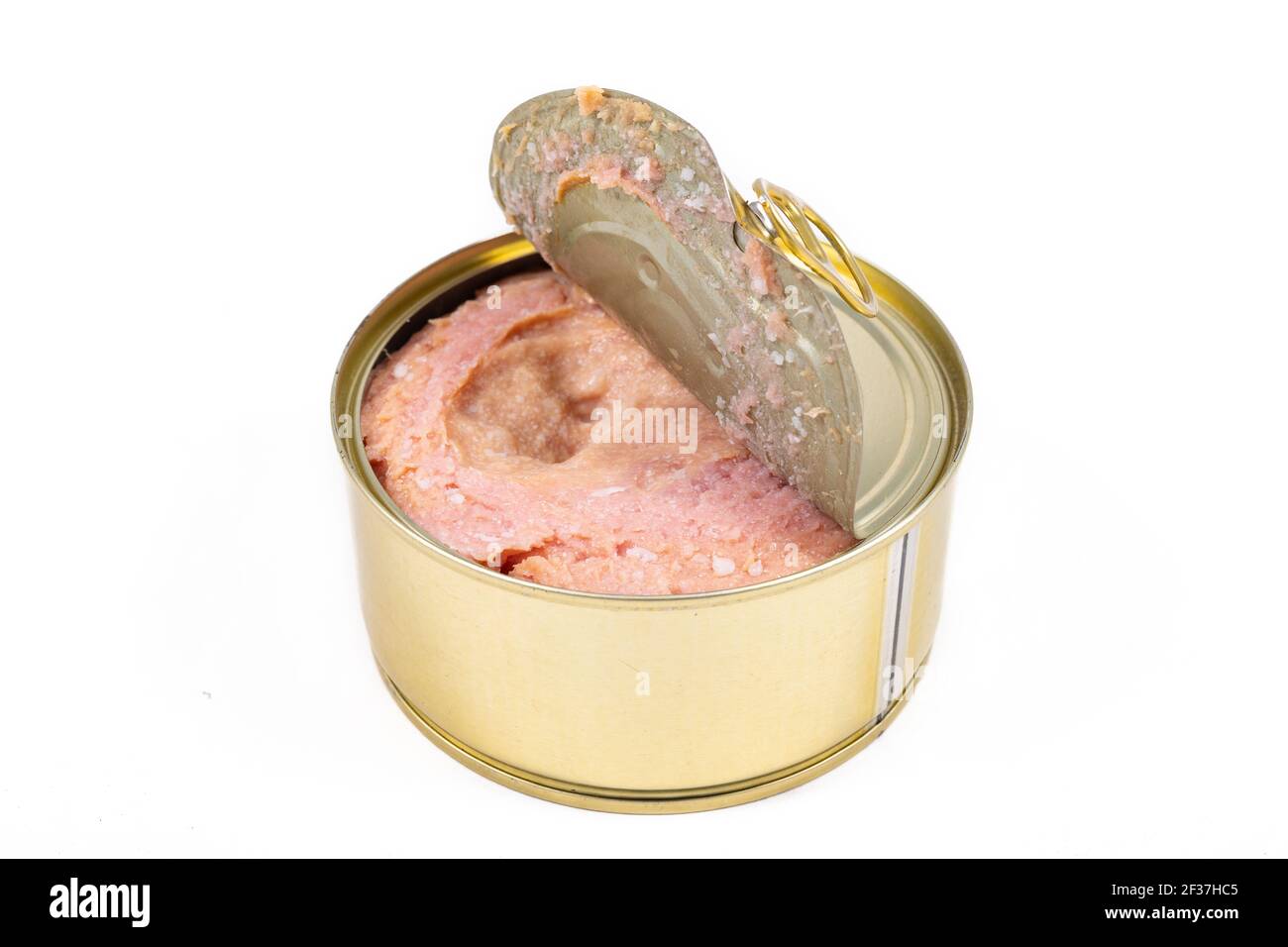 Open metal cans with preserved food. Food with a long shelf life. Light ...