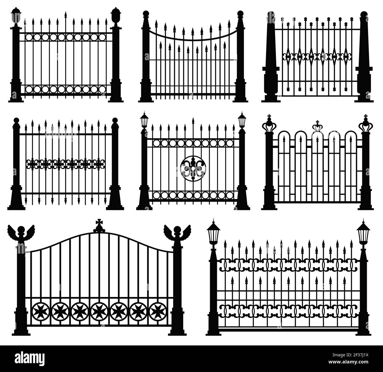 Decorative wrought fences and gates vector set. Black silhouette fence ...