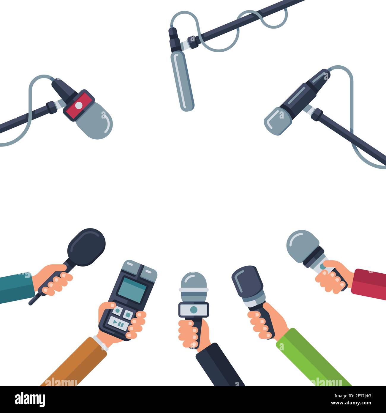 Hands holding microphones, press conference vector. Concept media press, reporter with ...