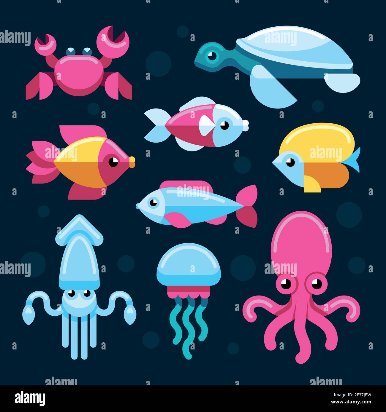 Sea fish and animals vector flat icons. Sea underwater octopus and crab ...