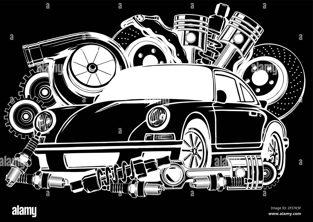 Vector illustration of Car Spares Frame and parts silhouette in black ...