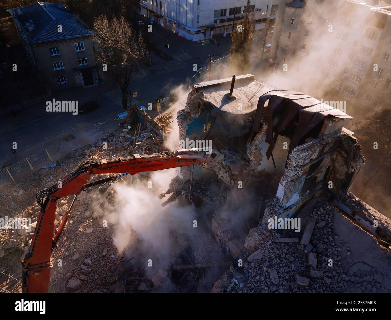 Aerial view of demolition site. Process of demolition of old industrial ...