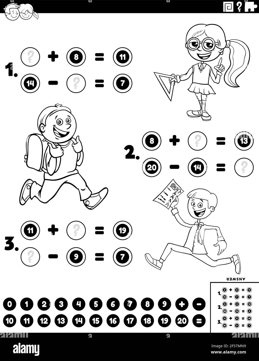 Black and white cartoon illustration of educational mathematical ...