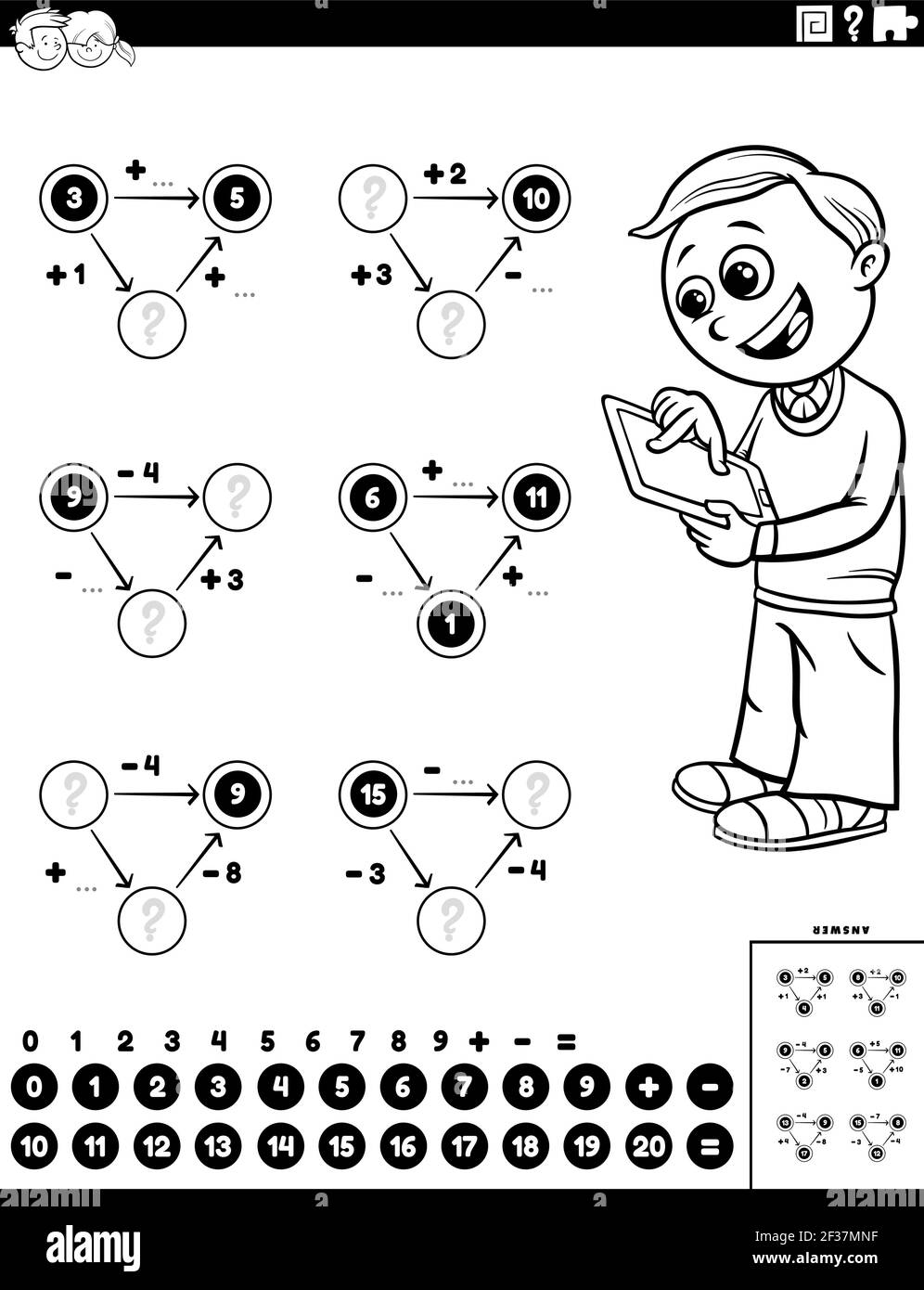 Black and white cartoon illustration of educational mathematical ...