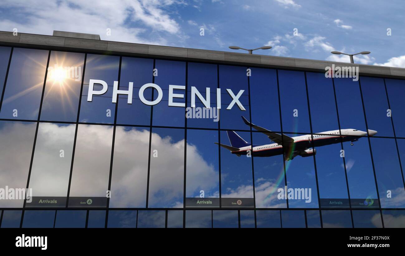 Jet aircraft landing at Phoenix, Arizona, USA 3D rendering illustration ...