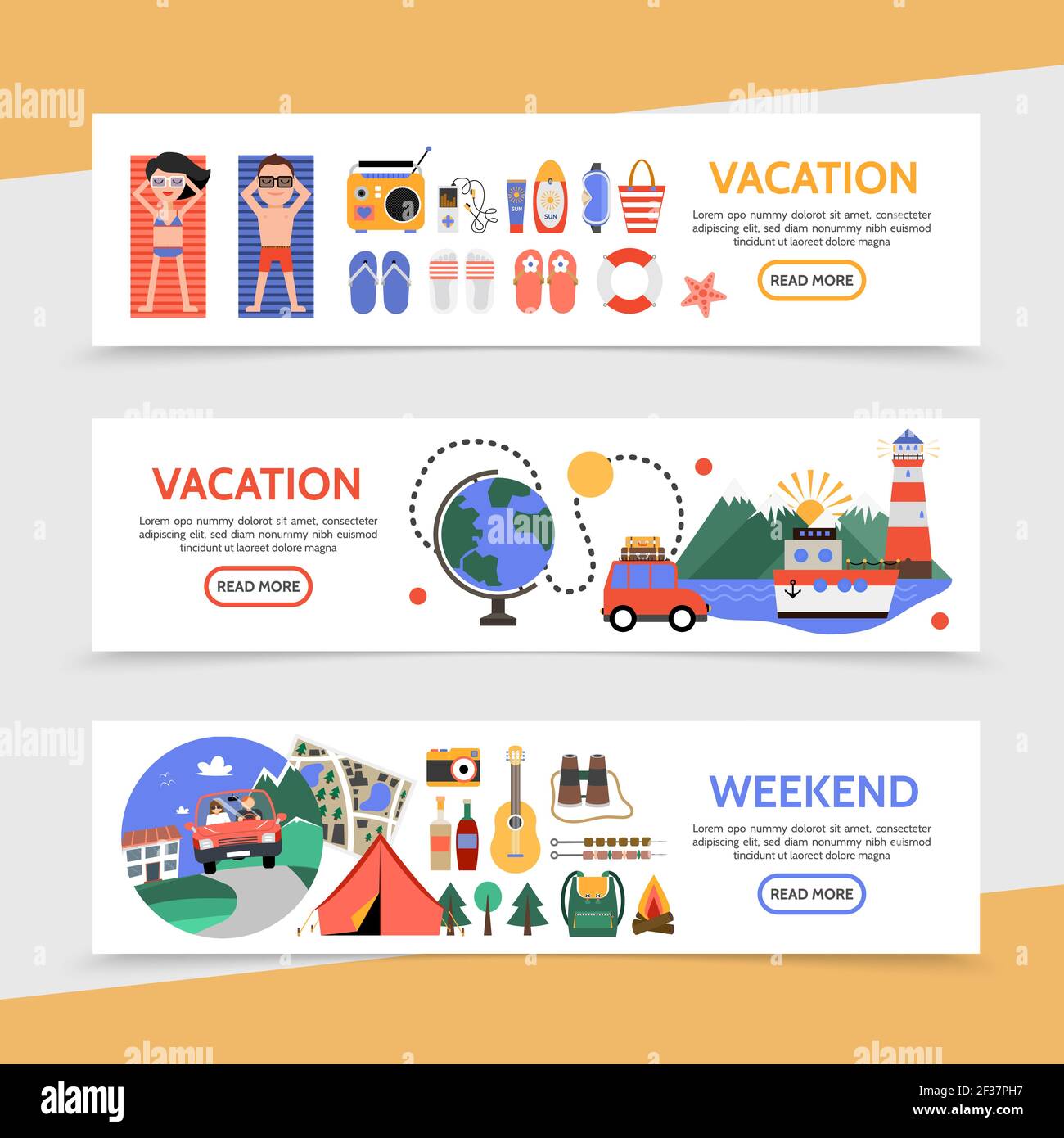 Flat summer travel horizontal banners with car journey cruise ship ...