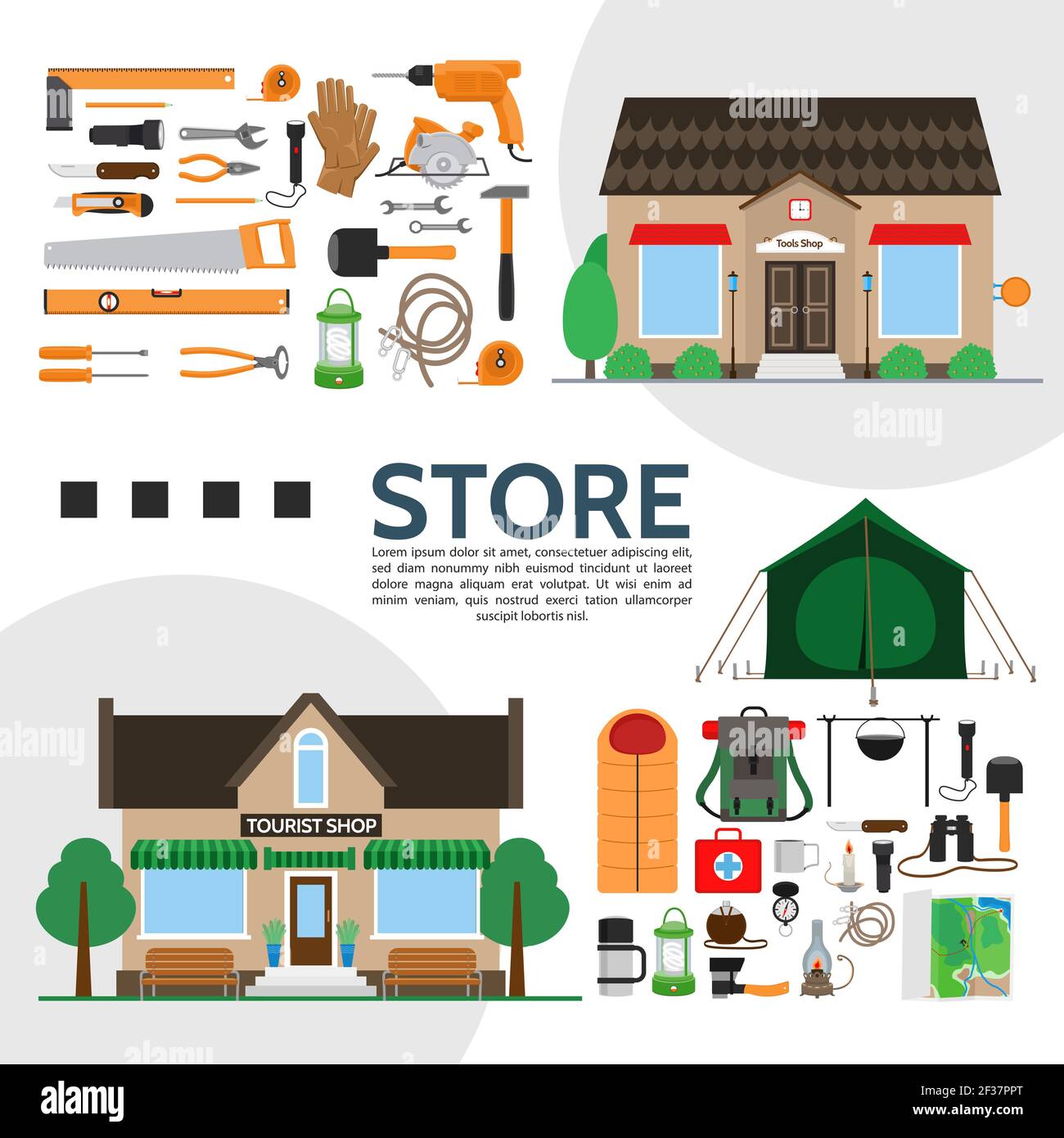 Tools and tourist shops elements composition with different products ...