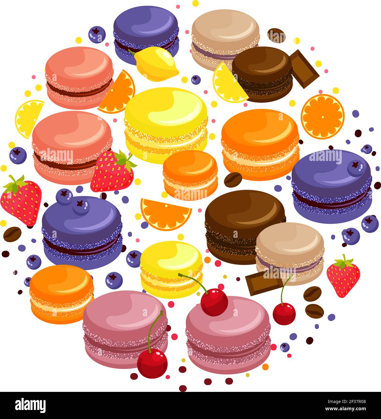 Cartoon colorful tasty macaroons round concept with fruits, chocolate ...