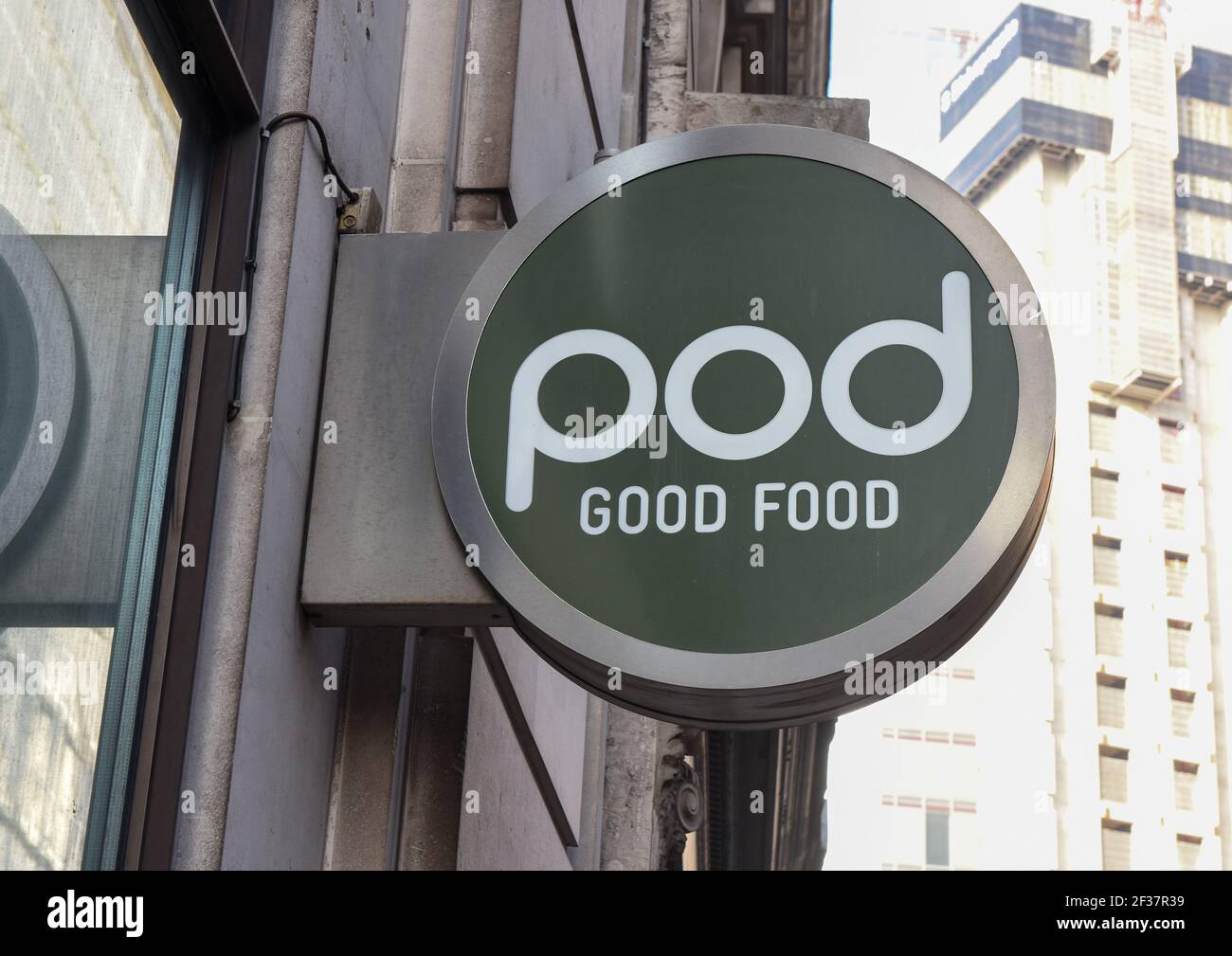 Pod food outdoor sign logo seen in central London Stock Photo - Alamy