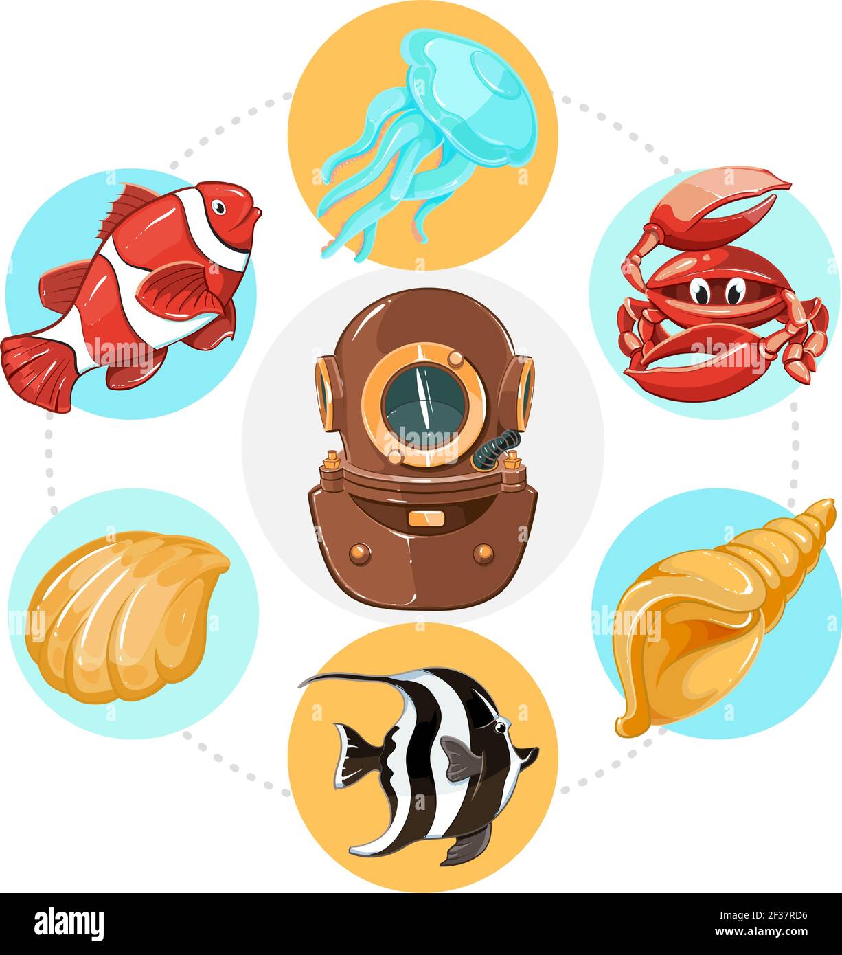 Cartoon underwater life concept with diver helmet fish jellyfish shells ...