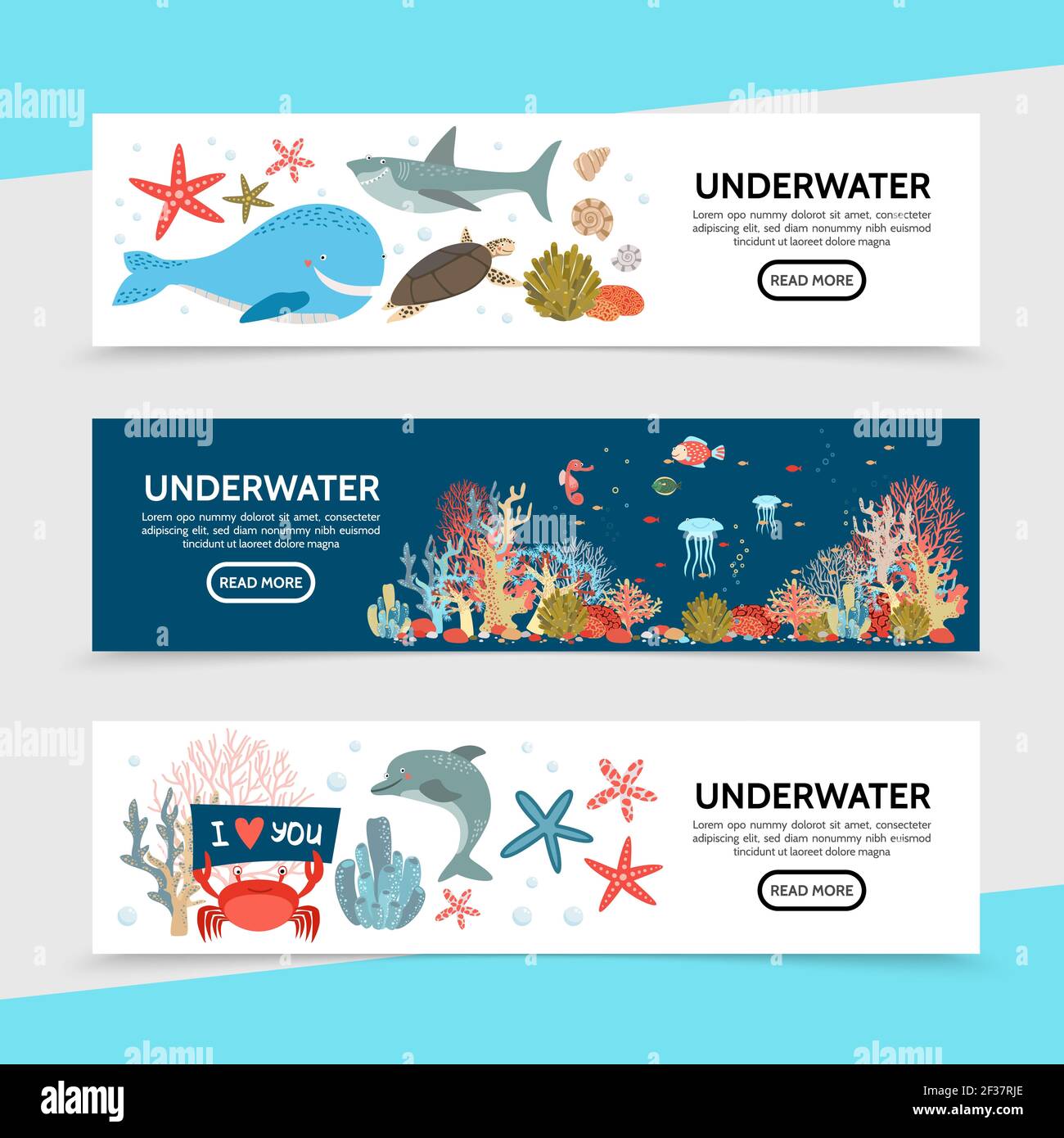 Flat sea life horizontal banners with whale shark turtle fish seahorse ...