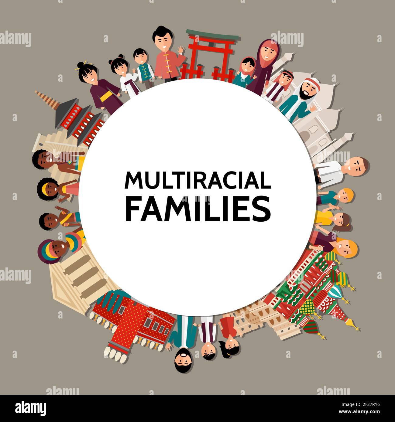 Flat multiracial people round concept with men women children of ...