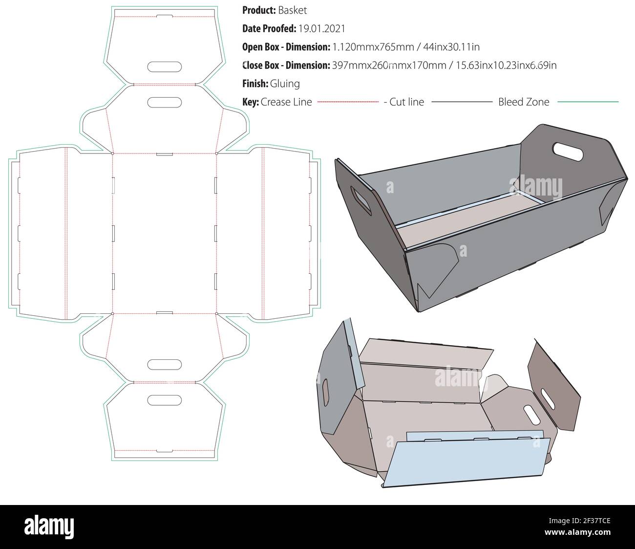 Basket box packaging design template gluing die cut - vector Stock ...