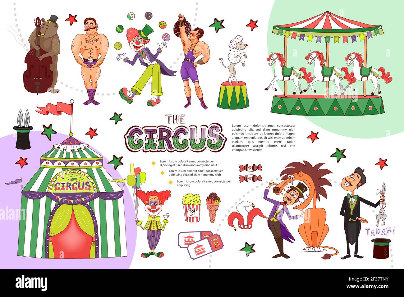 Flat circus composition with juggling clown strongmen carousel animal ...
