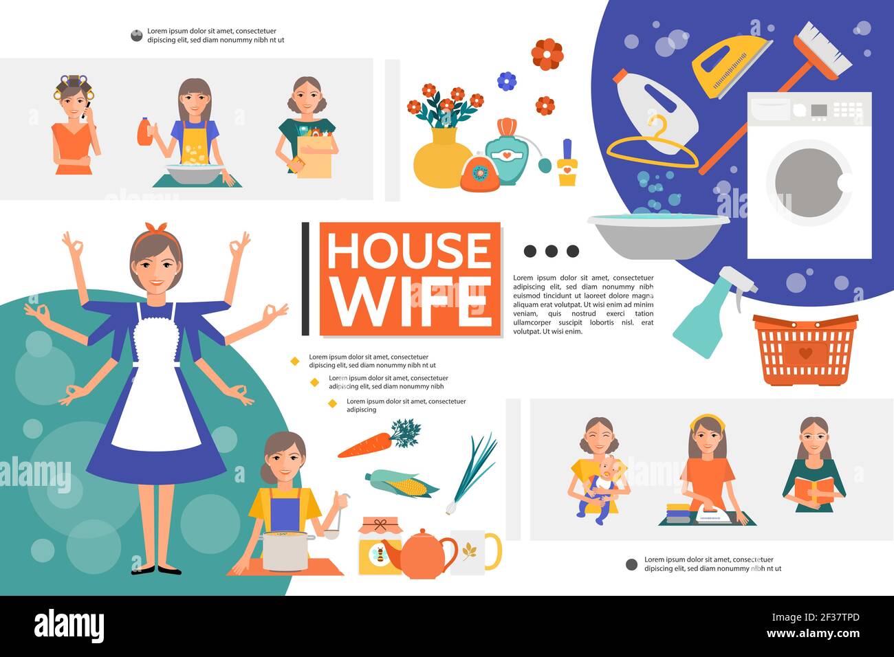 Flat housewife life template with woman doing different houseworks ...