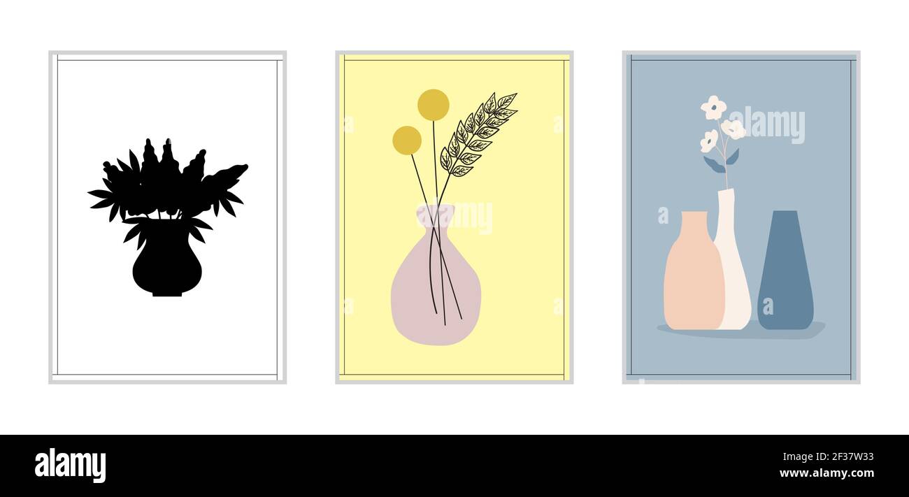 Three minimalist posters vase with flowers, wall decor, flat design ...