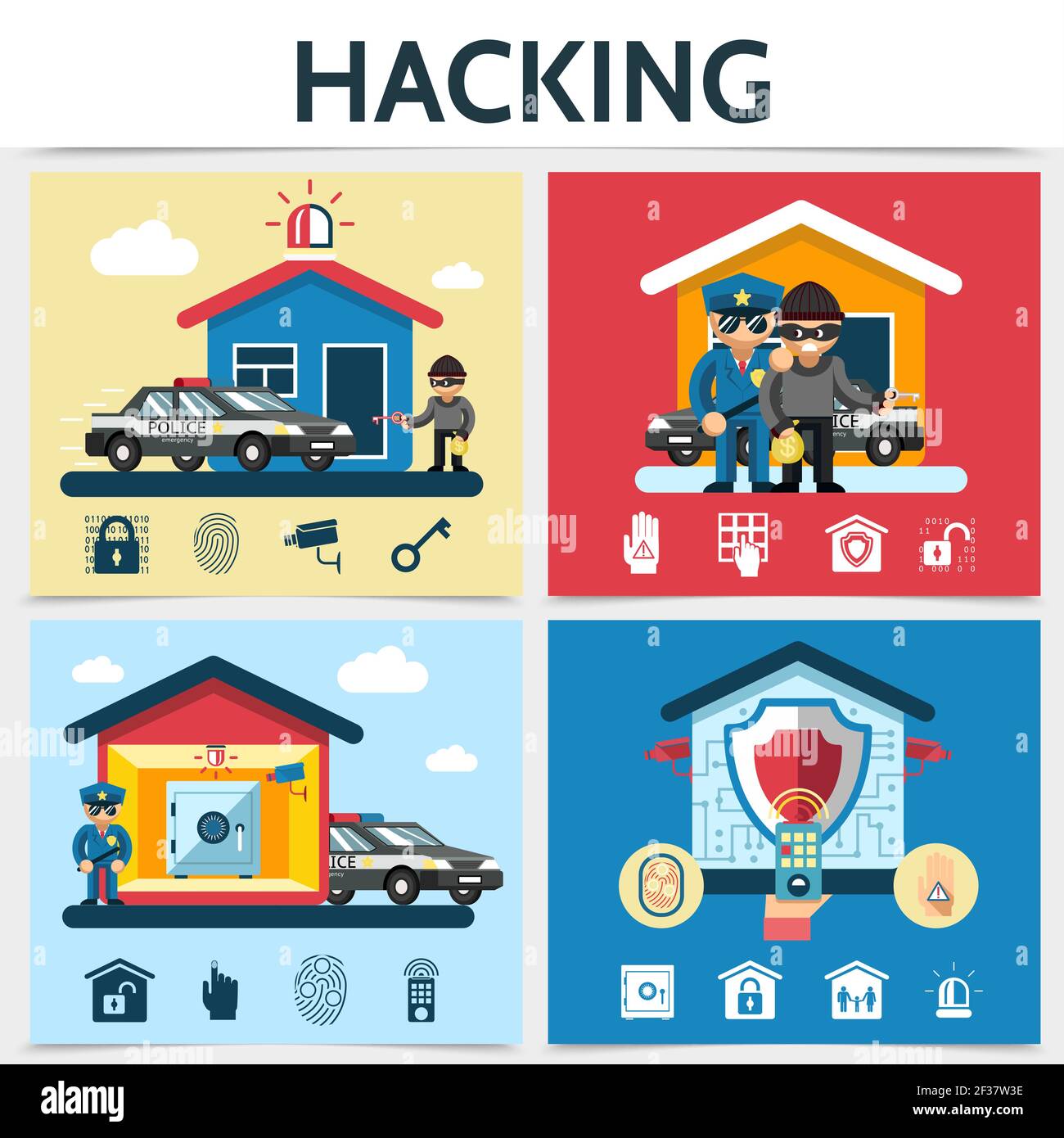 Flat house security system hacking concept with hackers police lock ...