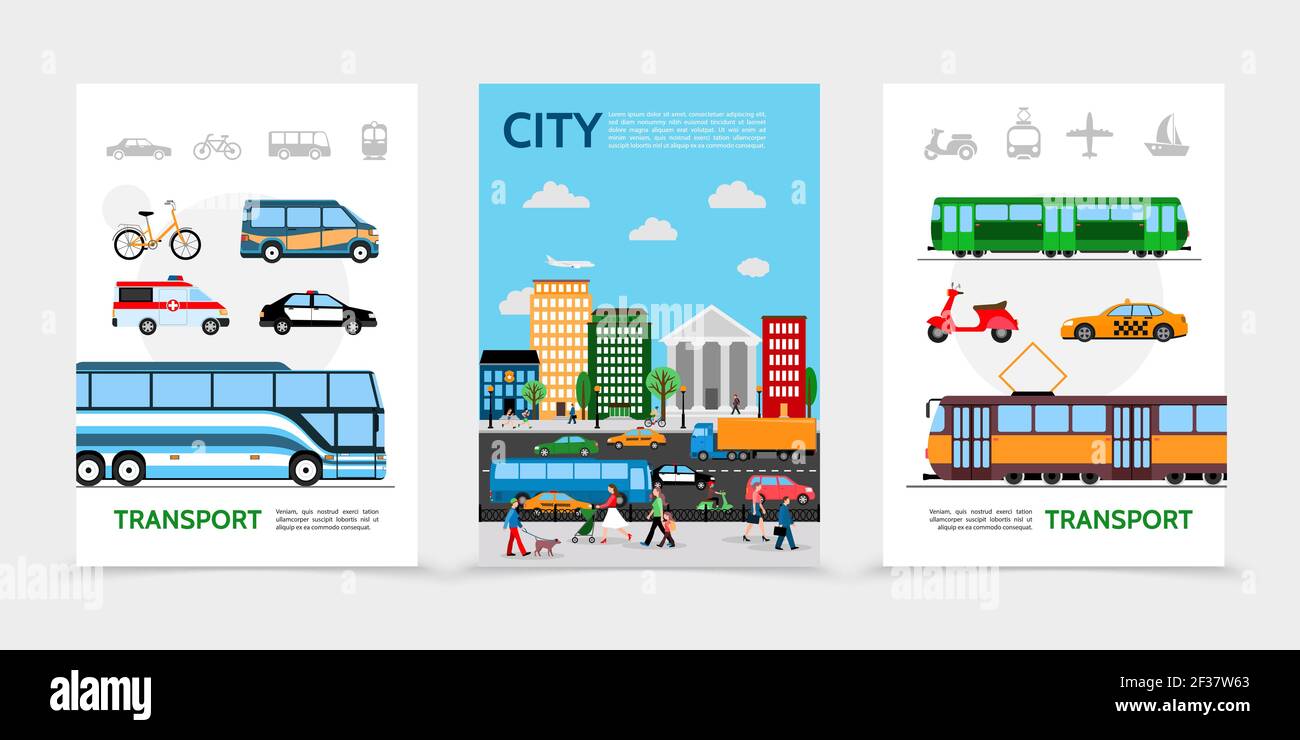Flat city transport posters with bicycle van ambulance police car bus ...