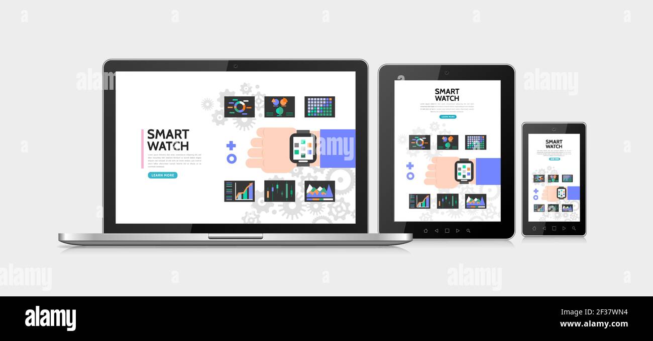 Flat smart watch colorful concept with modern smartwatch on hand charts ...