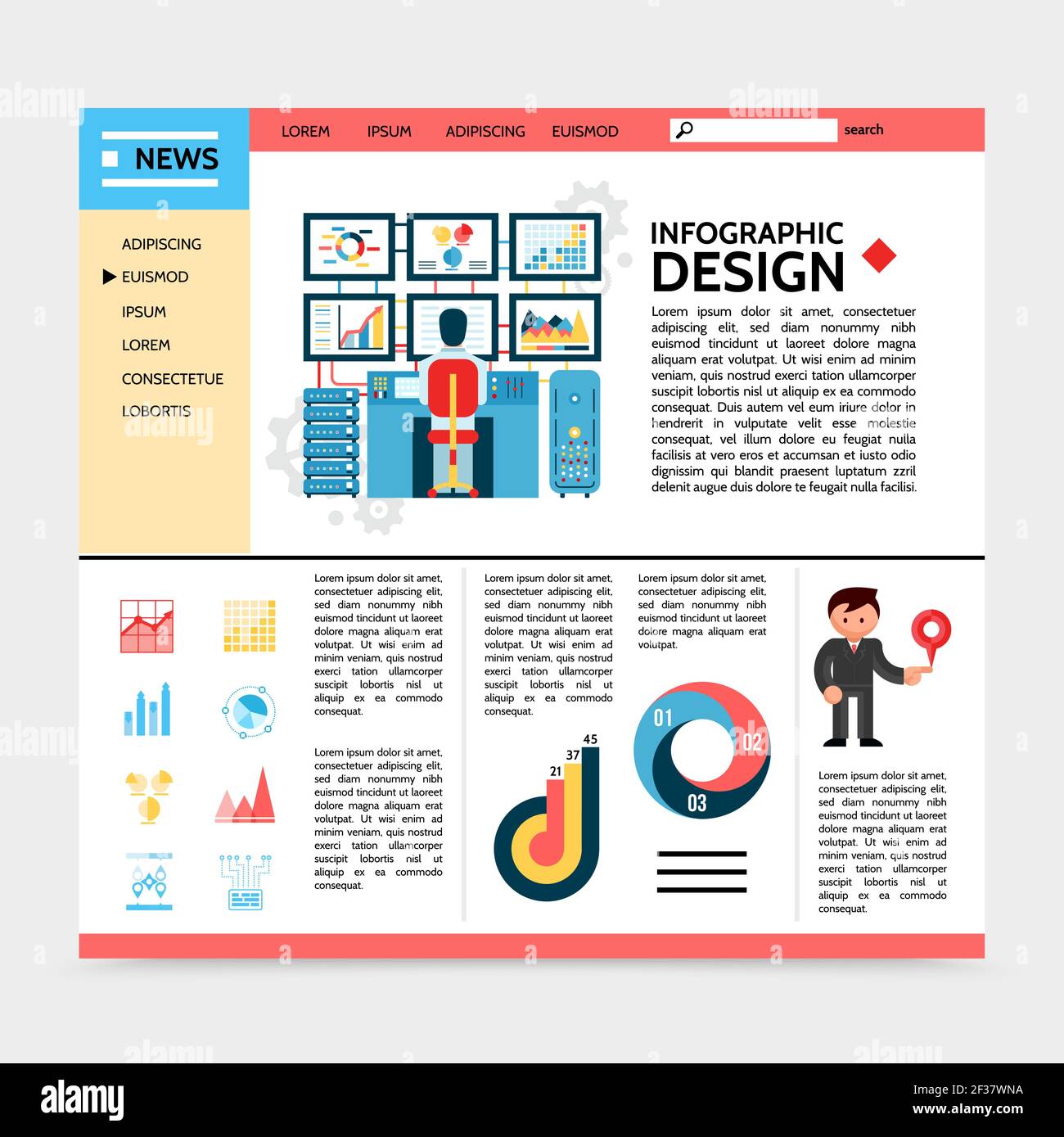 Flat business infographic website template with graphs diagrams charts ...