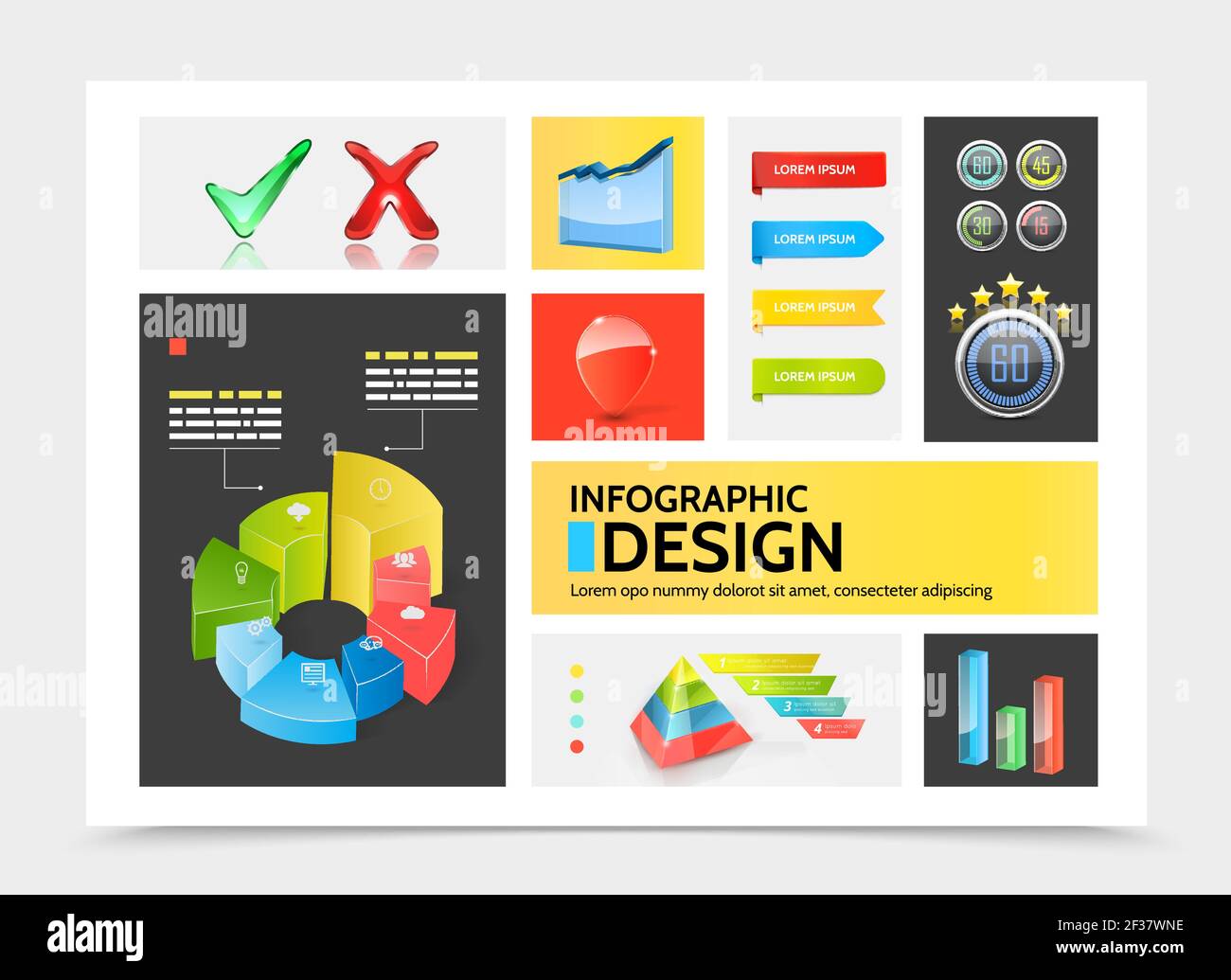 Realistic infographic elements colorful concept with charts circle ...
