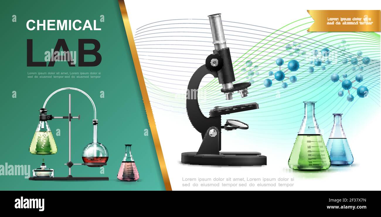 Realistic laboratory chemical research template with microscope flasks ...