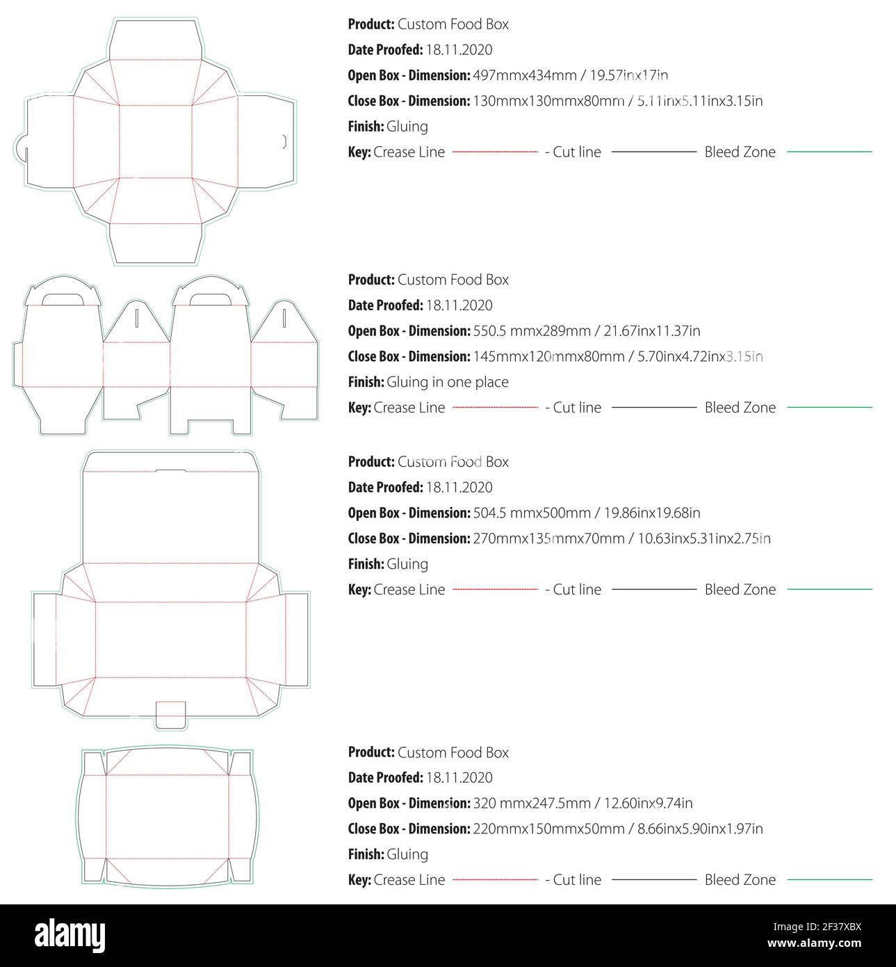 Four Custom Food Grade Cardboard Paper Packaging Box template gluing ...