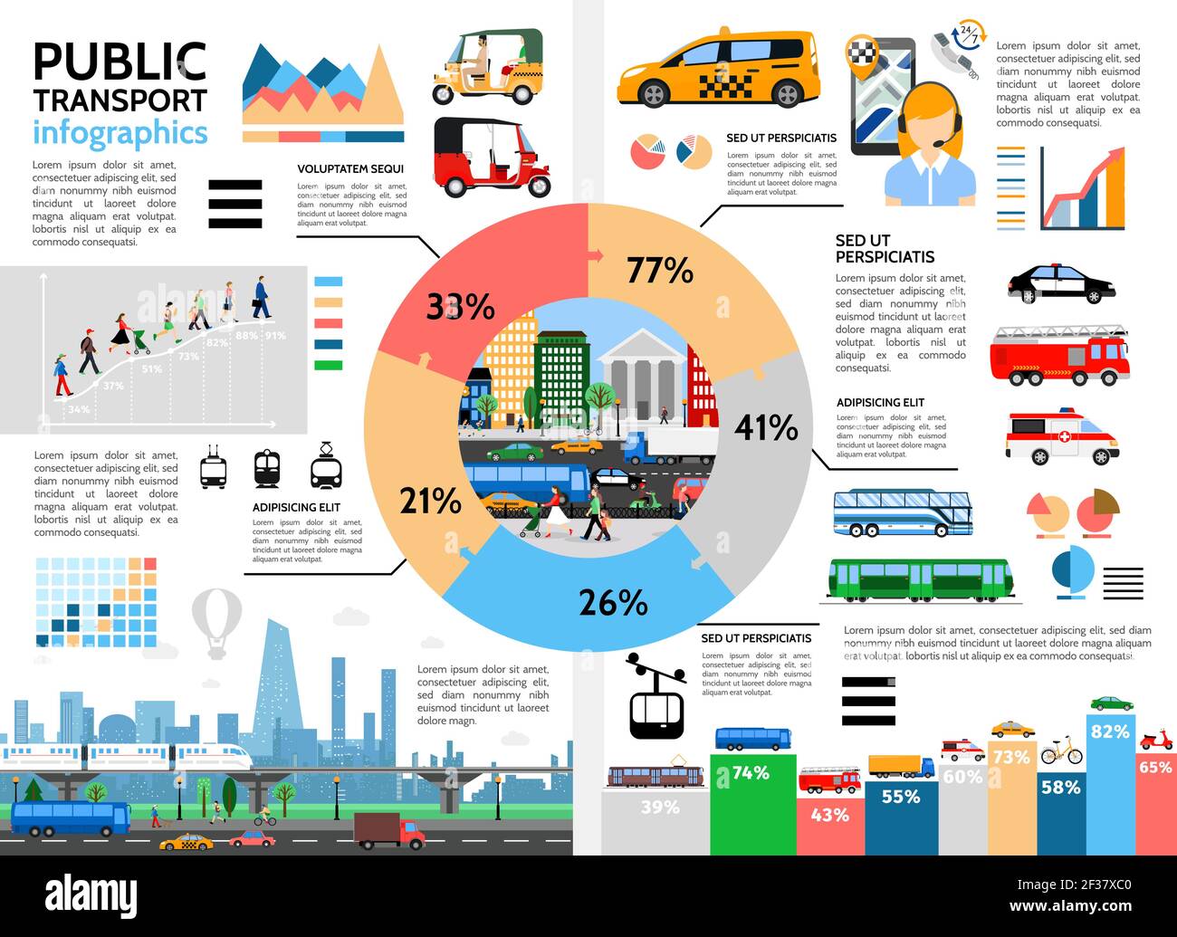 Flat public transport infographic concept with circle diagram taxi tuk ...