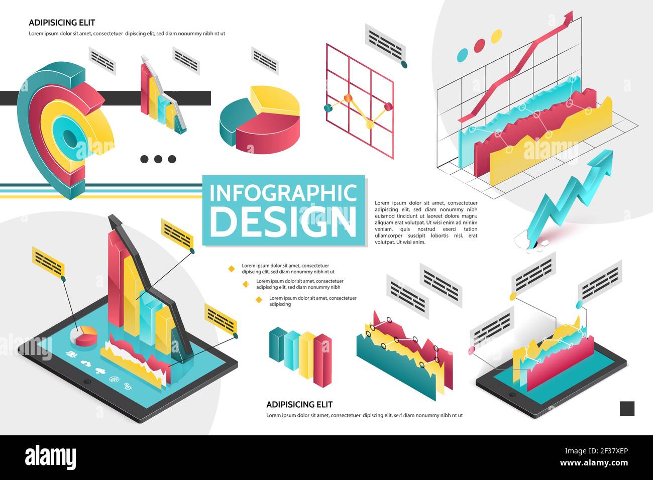 Isometric modern infographic concept with diagrams graphs pie charts ...