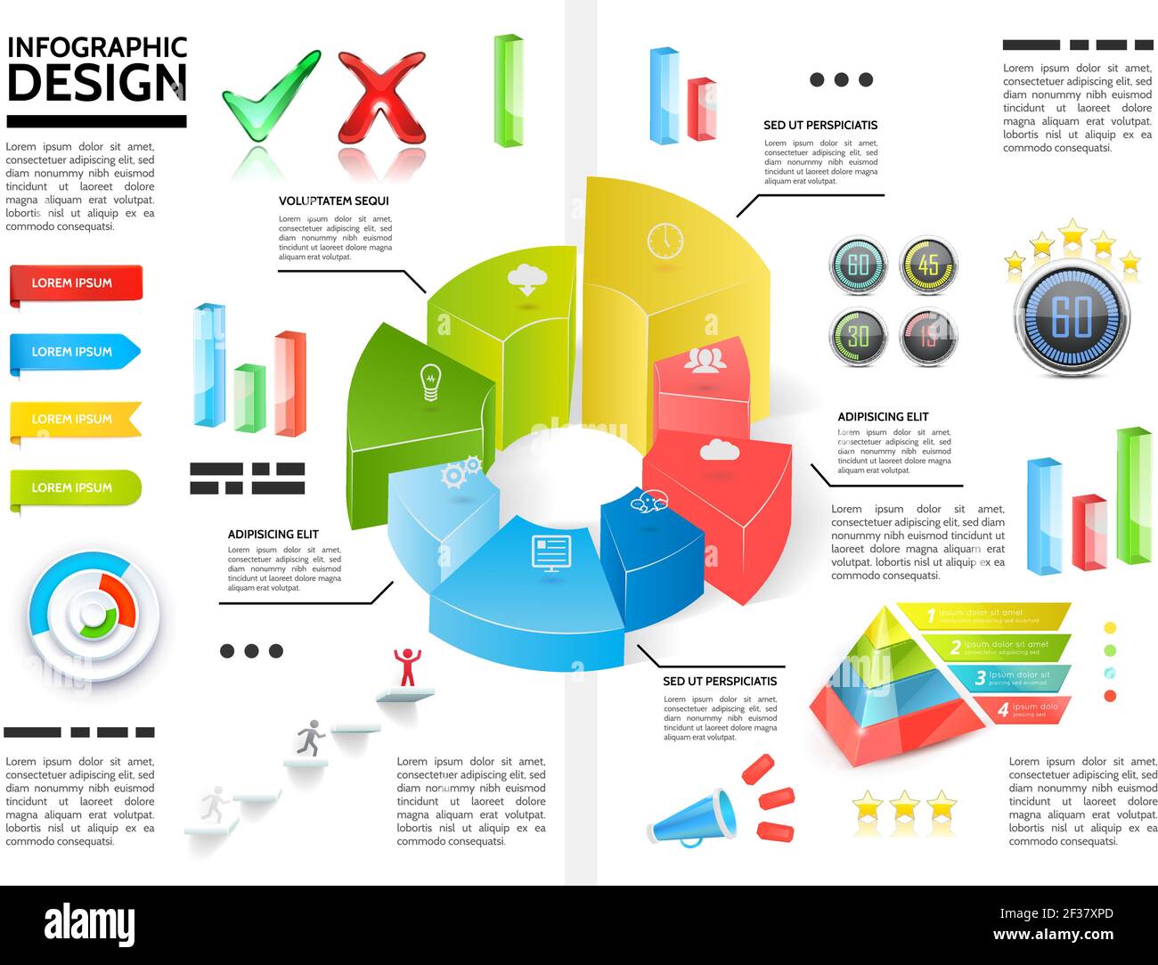 Realistic colorful infographic template with circle diagrams charts pyramid ribbons check marks ...