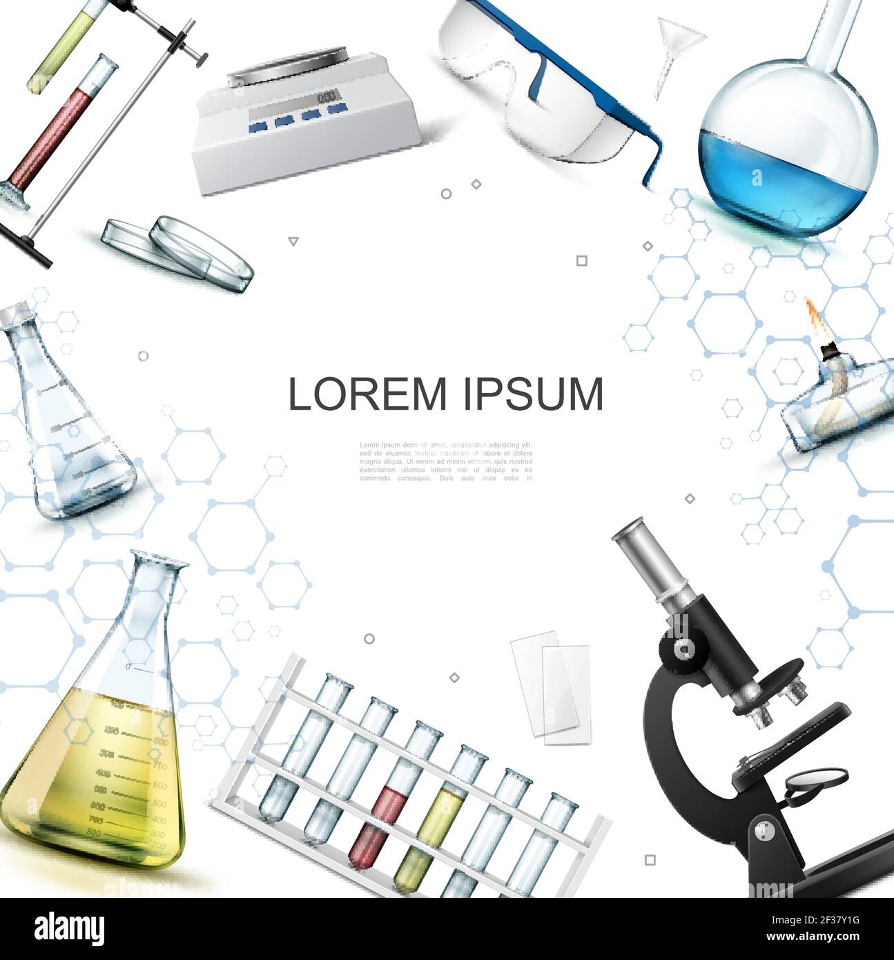 Realistic chemical laboratory template with microscope scales flasks ...