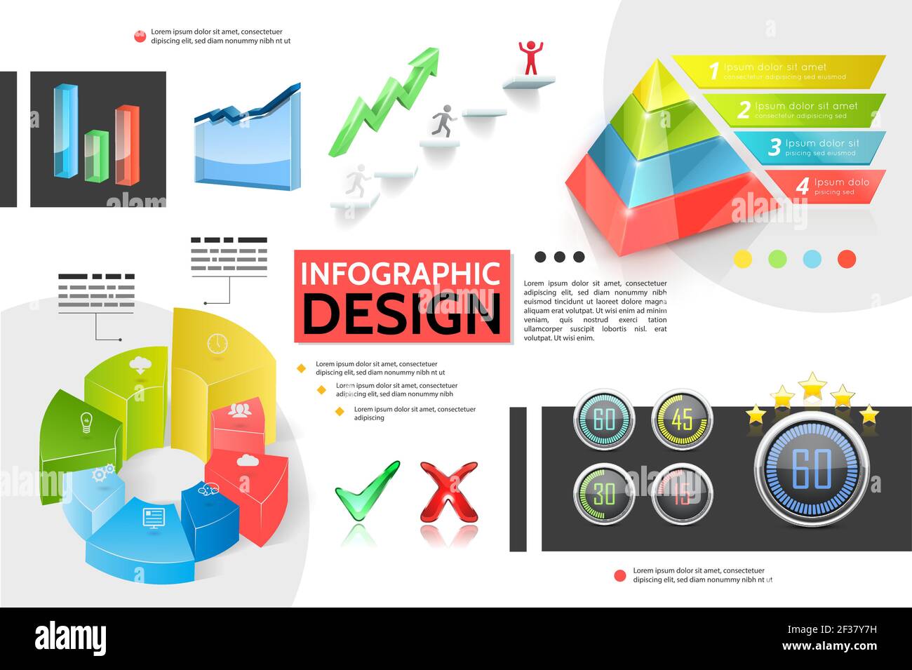 Realistic colorful infographic concept with marketing pyramid charts ...