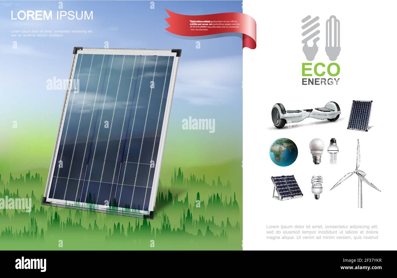 Realistic eco energy modern composition with solar panel on forest ...