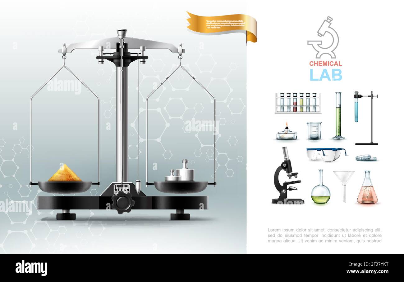 Realistic chemical lab elements composition with balance scale ...